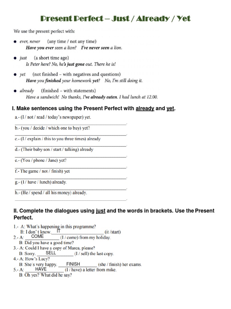 I. Make Sentences Using The Present Perfect With Already and Yet | PDF