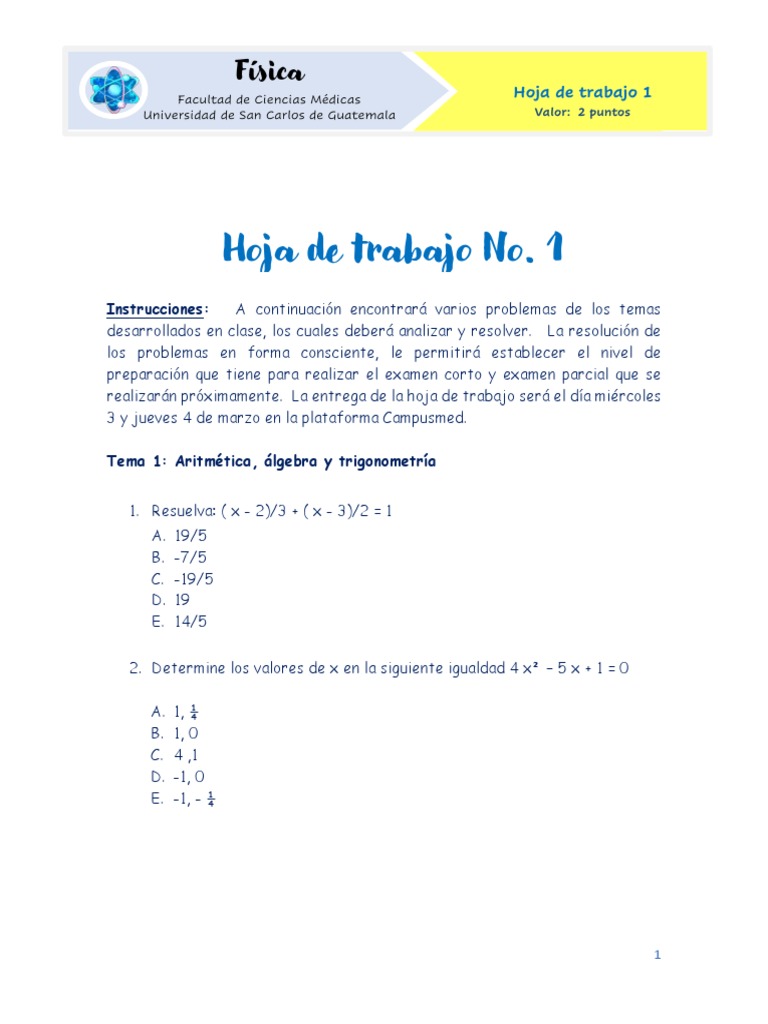 Hoja de Trabajo 1 Fisica | PDF | Cantidades fisicas | Metrología
