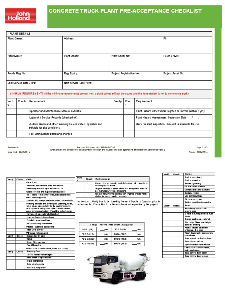 Concrete Truck Plant Pre-Acceptance Checklist | PDF | Vehicle ...