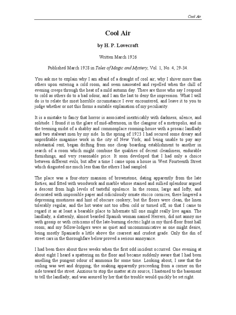 Cool Air: by H. P. Lovecraft | PDF | Nature