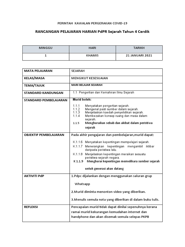 Contoh RPH PDPR Sejarah | PDF