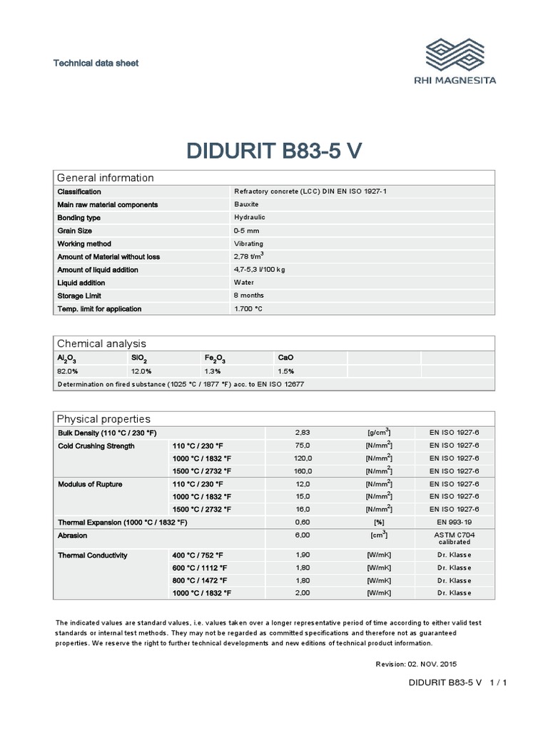 Tundish Refractories Technical Data | PDF | Thermal Conductivity | Density