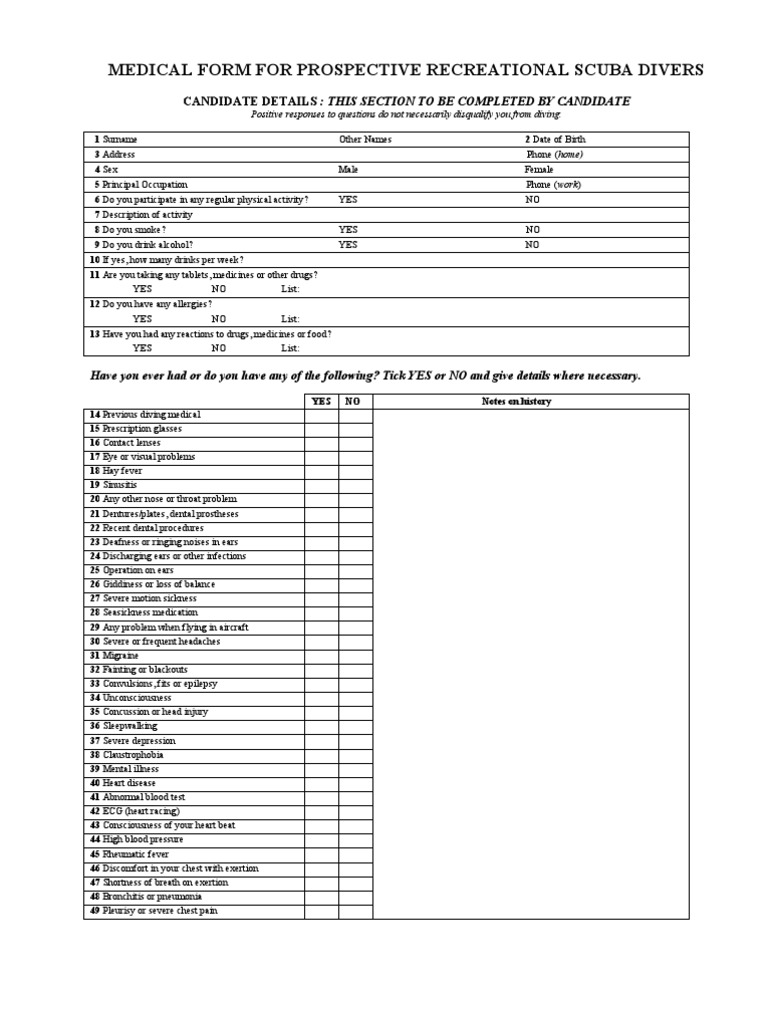 Medical Form For Prospective Recreational Scuba Divers: Candidate ...