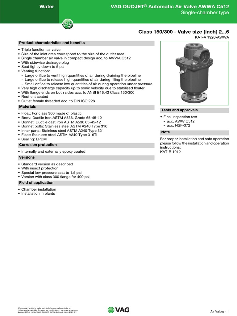 VAG AWWA C512 Air Valves | PDF | Pressure | Valve