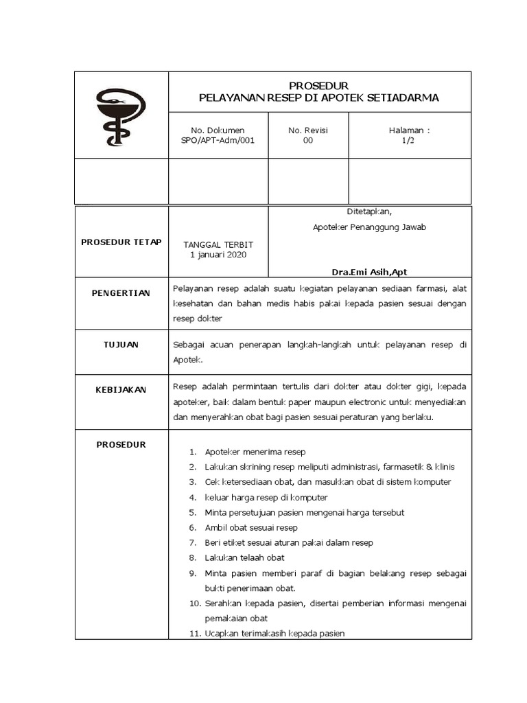 Sop Pelayanan Resep Di Apotek Setiadarma Pdf