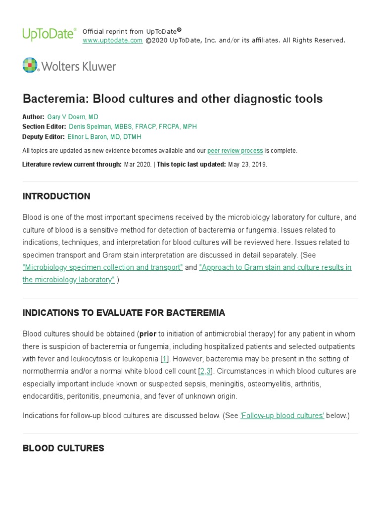 Bacteremia - Blood Cultures and Other Diagnostic Tools - UpToDate | PDF ...