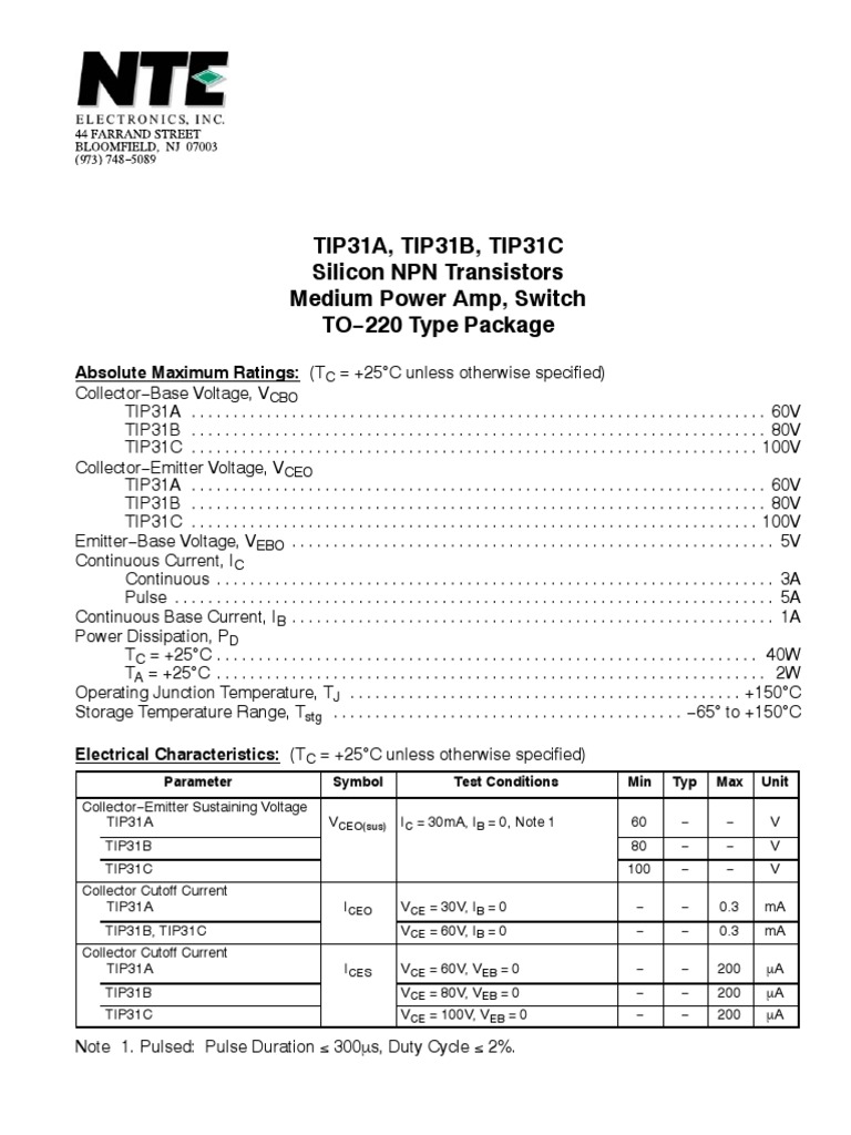 TIP31A, TIP31B, TIP31C Silicon NPN Transistors Medium Power Amp, Switch TO 220 Type Package ...