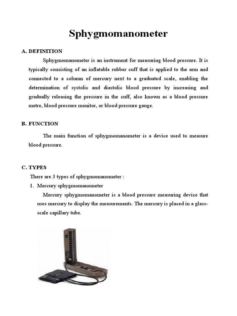 Sphygmomanometer: A. Definition | PDF | Blood Pressure | Blood