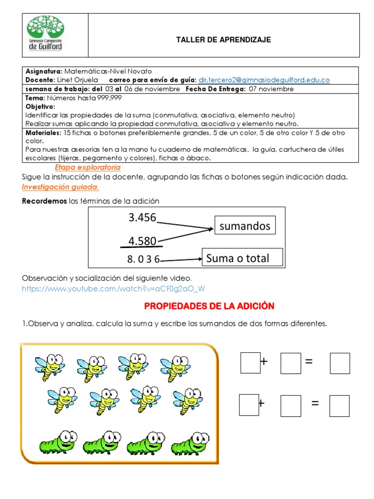 Taller sobre Propiedades de la Suma | PDF | Enseñanza de matemática ...