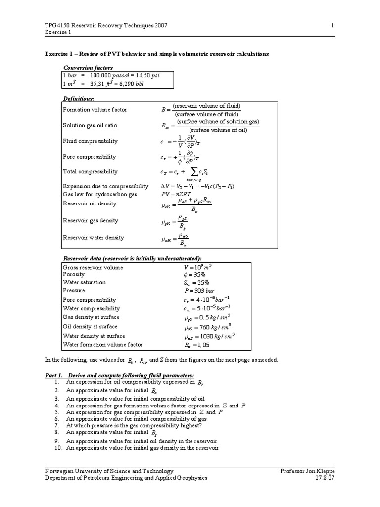 Exercise 1 - Review of PVT Behavior and Simple Volumetric Reservoir ...