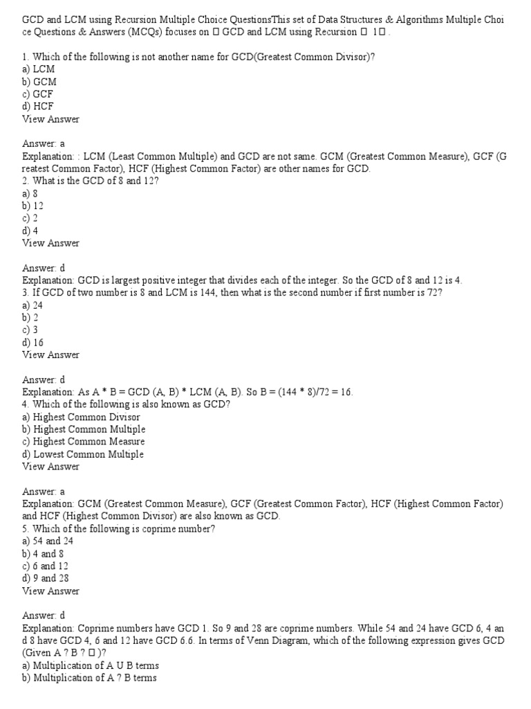 GCD and LCM Using Recursion Multiple Choice Questions | PDF | Functions And Mappings | Number Theory