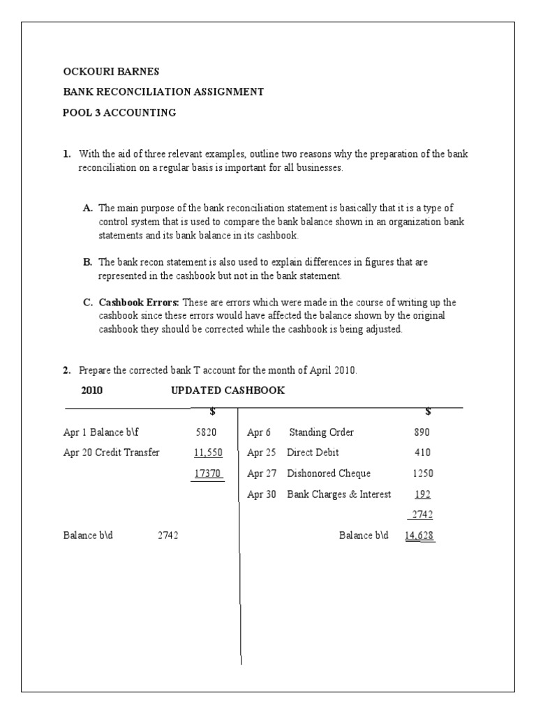 Bank Reconciliation Assignment | PDF