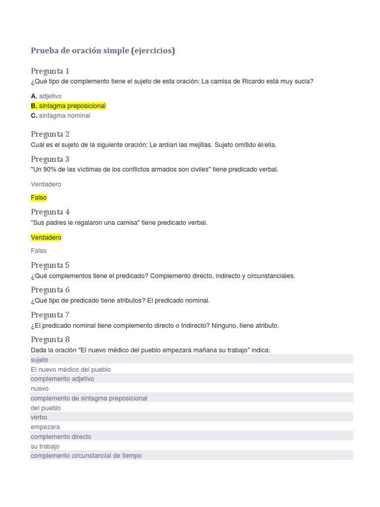 Prueba de Oración Simple (Ejercicios) | PDF | Asunto (gramática ...