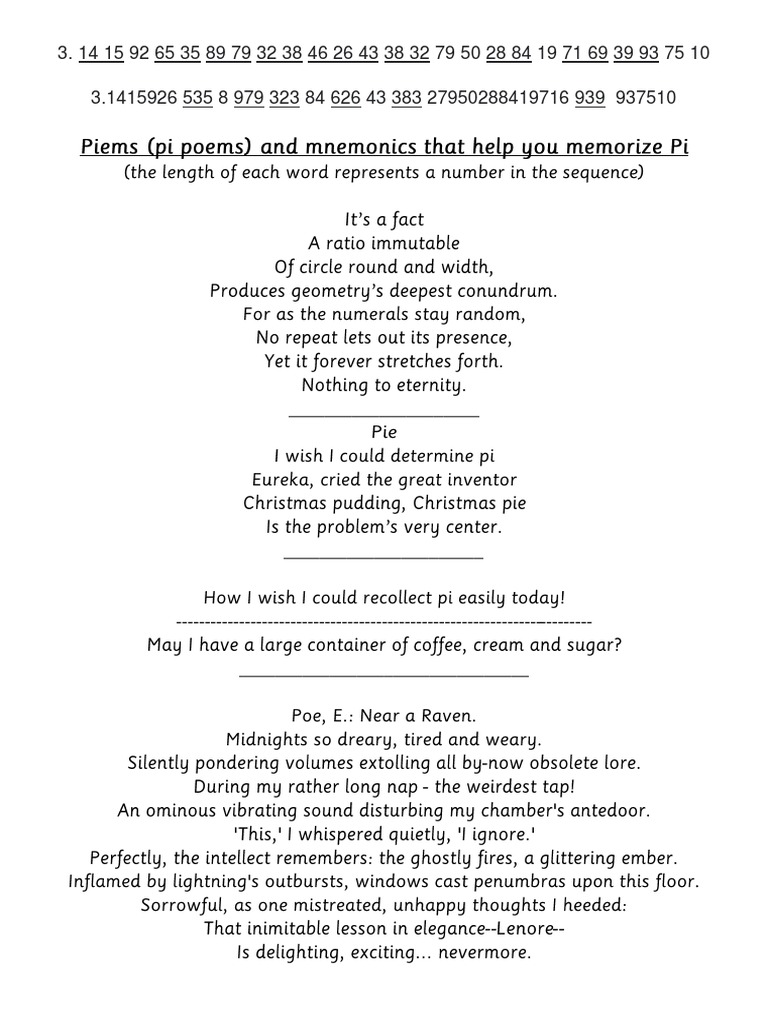 Piems - Pi Poems and Mnemonics | PDF