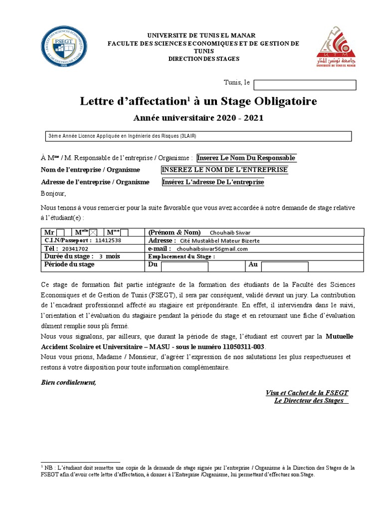 Formulaire Lettre Affectation Stage Obligatoire 2021 | PDF | Business