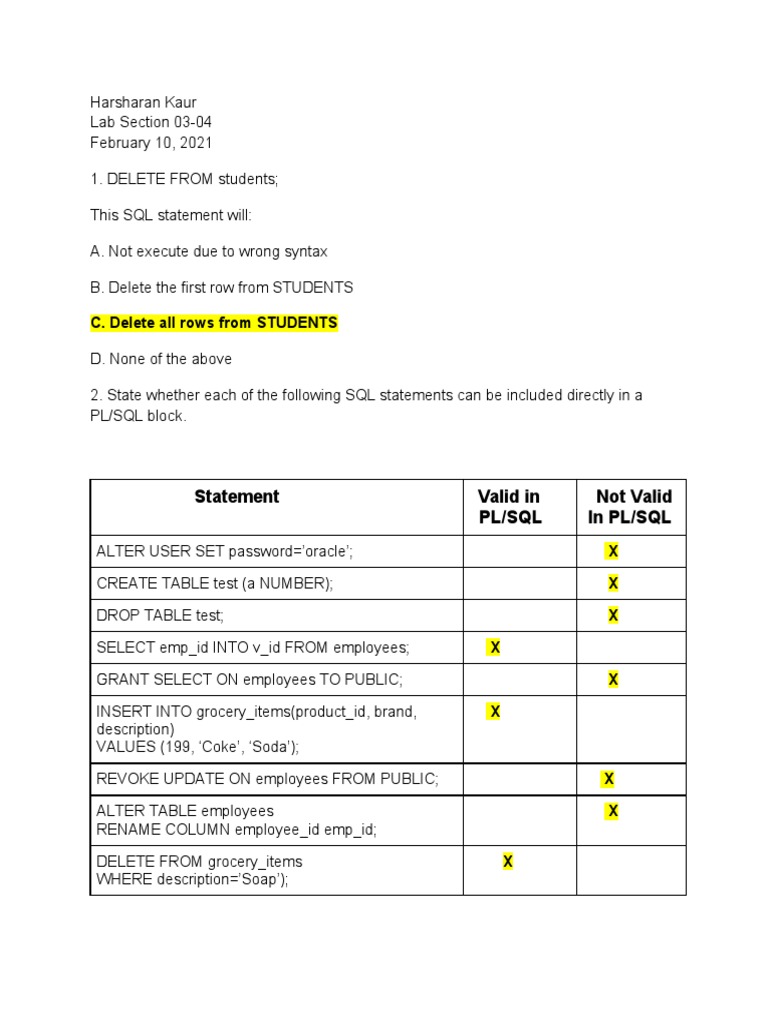 Statement Valid in PL/SQL Not Valid in PL/SQL: C. Delete All Rows From STUDENTS | PDF | Control ...