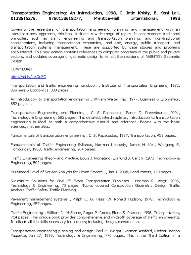 Transportation Engineering: An Introduction, 1998, C. Jotin Khisty, B ...