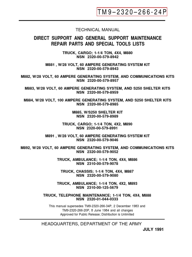 ARMY TM 9-2320-266-24P Mantainance Manual Dodge M880 1 - TON 4X4 JUL91 ...