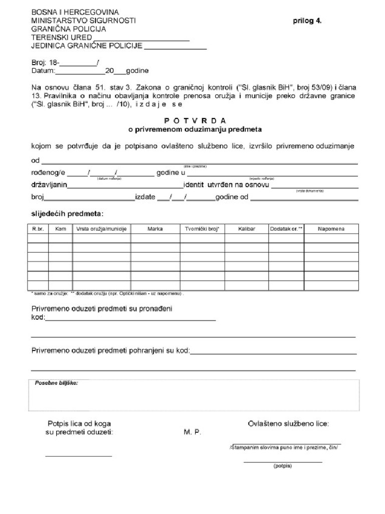 5 Prilog 4 - Potvrda o Privremenom Oduzimanju Predmeta | PDF
