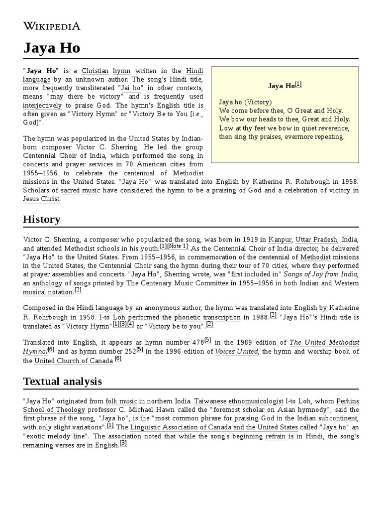 Jaya Ho: History | PDF | Hymns | Christian Hymns