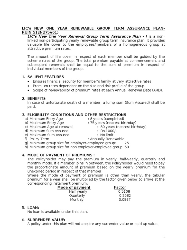 LIC One Year Renewable Group Term Plan | PDF | Life Insurance | Insurance