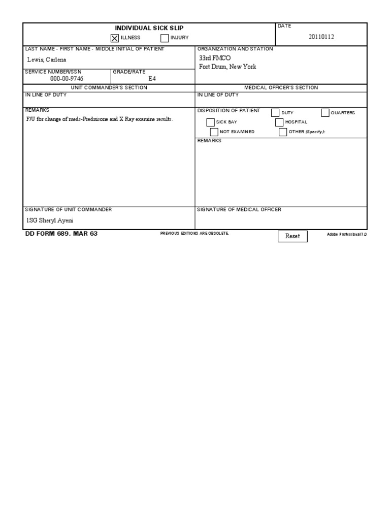 DD Form 689 Individual Sick Slip | PDF | Health Care | Medicine