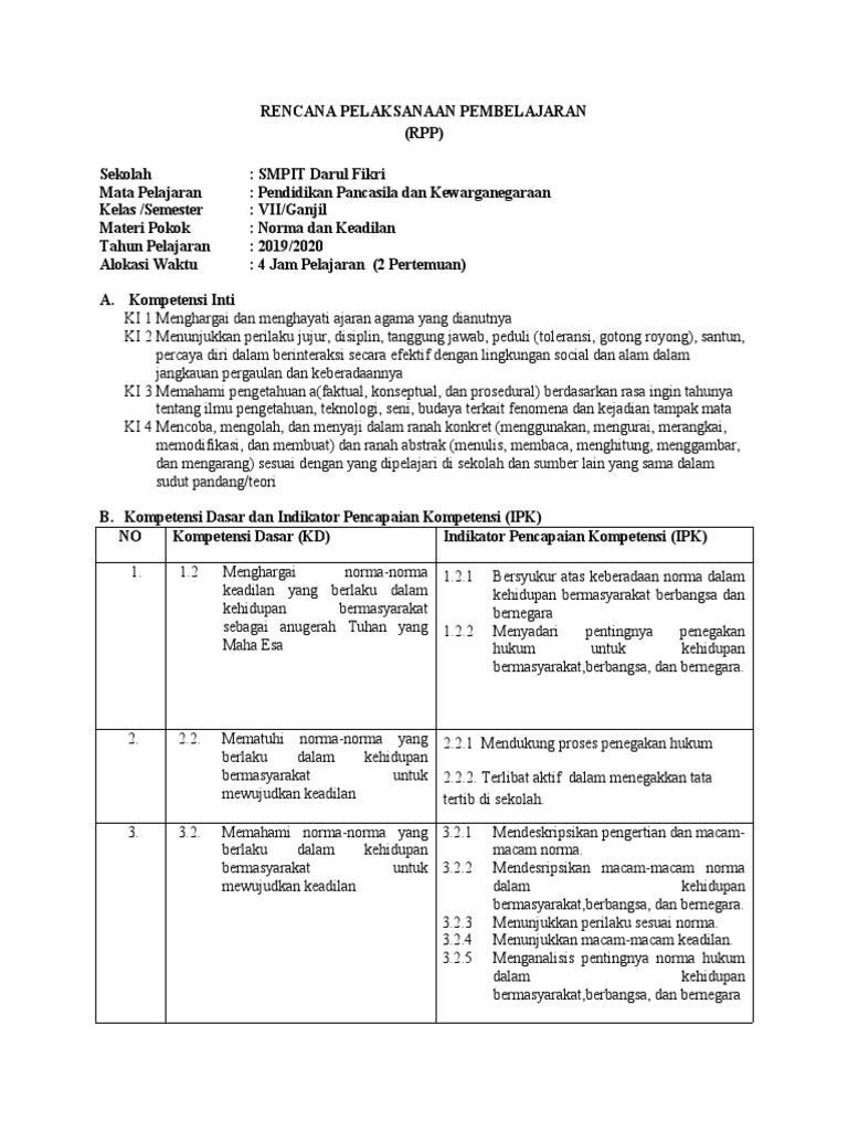 RPP PPKN Kelas 7 Bab 2 | PDF