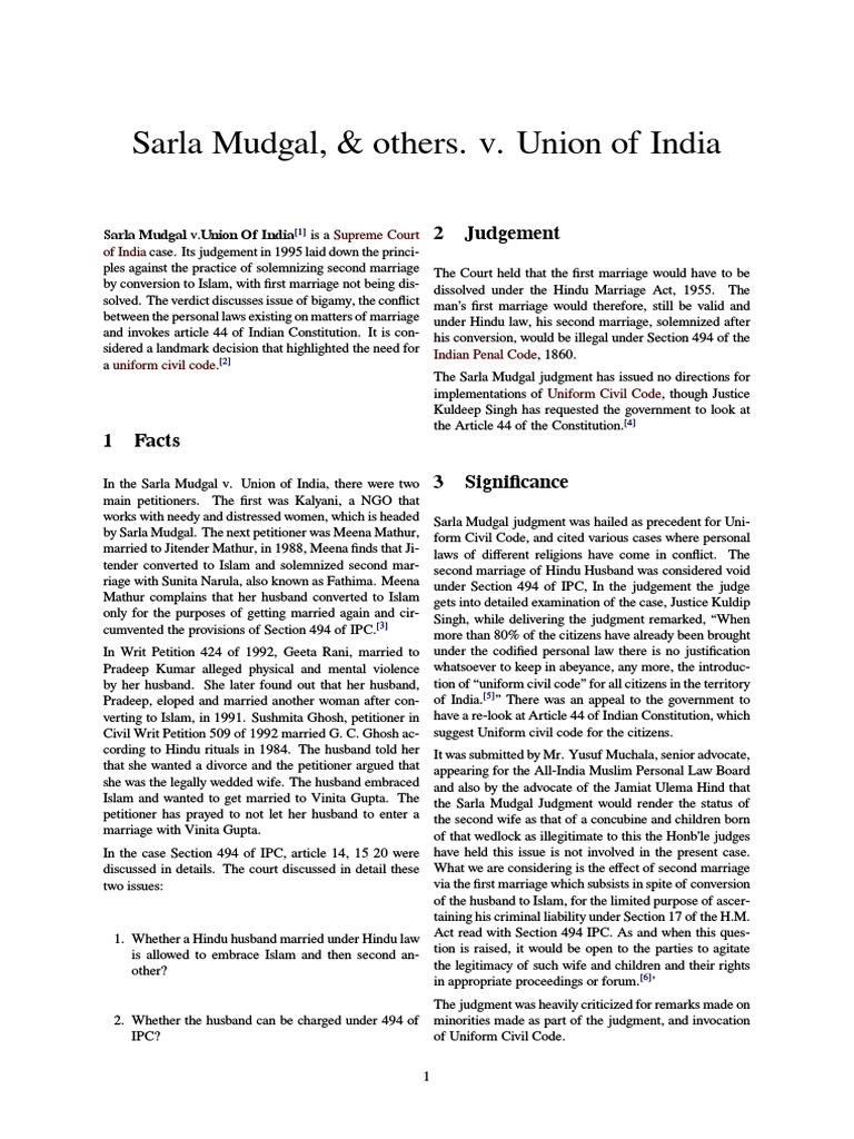 Sarla Mudgal, & Others. v. Union of India | PDF | Judgment (Law) | Creative Commons License