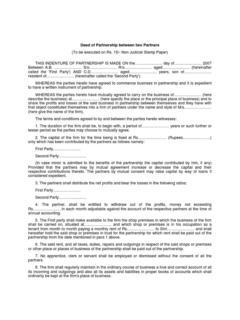 Partnership Deed Template for Two Partners | PDF | Partnership ...