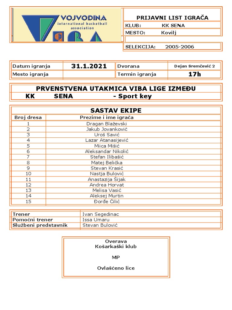 Prijavni List Igraca Za Utakmicu | PDF