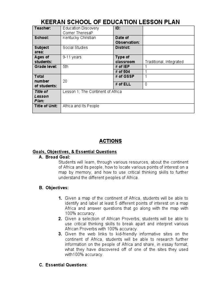 Lesson Plan On The Continent of Africa | Download Free PDF | Lesson ...