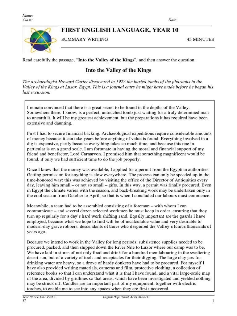First English Language, Year 10: Into The Valley of The Kings | PDF