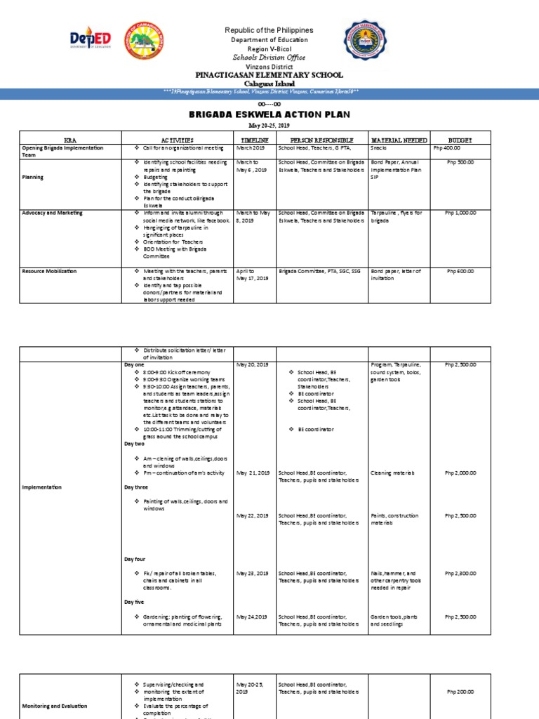 Brigada Eskwela Action Plan: Pinagtigasan Elementary School Calaguas ...