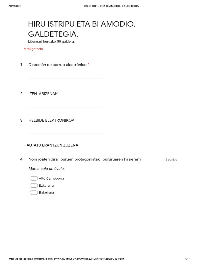 Hiru Istripu Eta Bi Amodio: Galdetegia | PDF