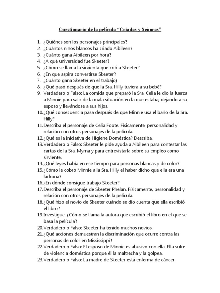 Cuestionario Pelicula The Help | PDF