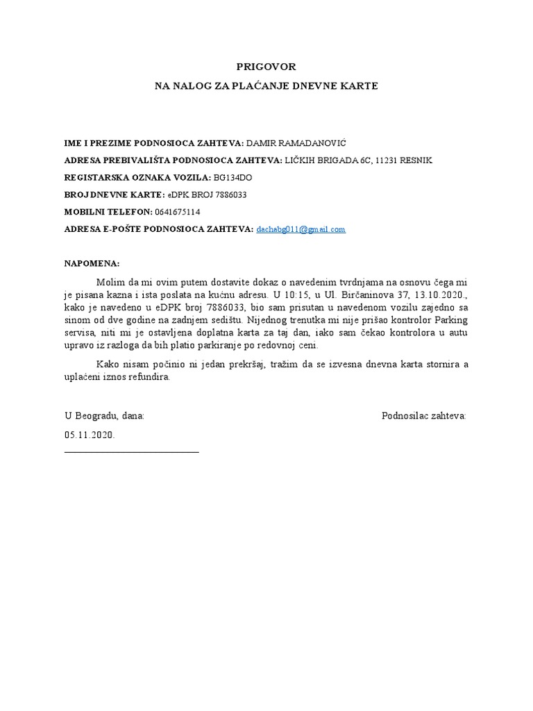 Prigovor Na Nalog Za Plaćanje Dnevne Karte | PDF