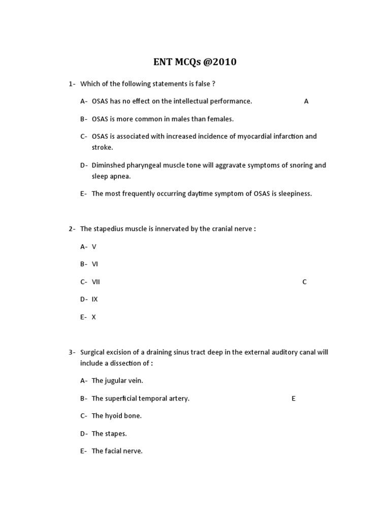 ENT MCQs 2 No Key | PDF | Human Nose | Ear