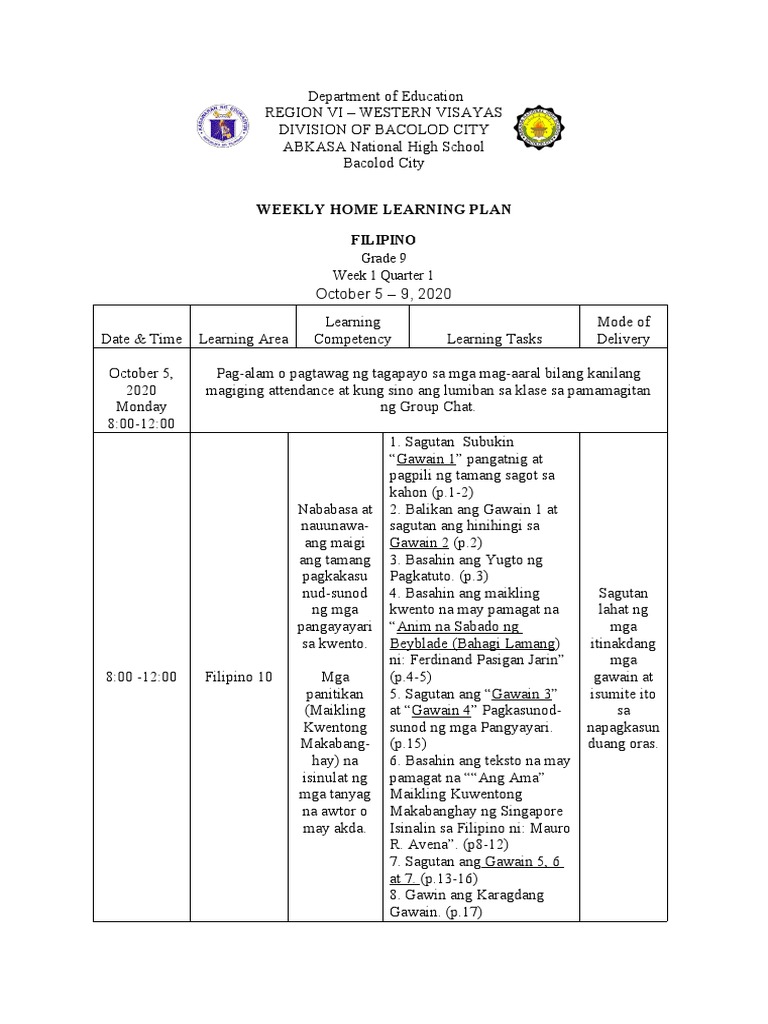Filipino 9 Weekly Home Learning Plan | PDF