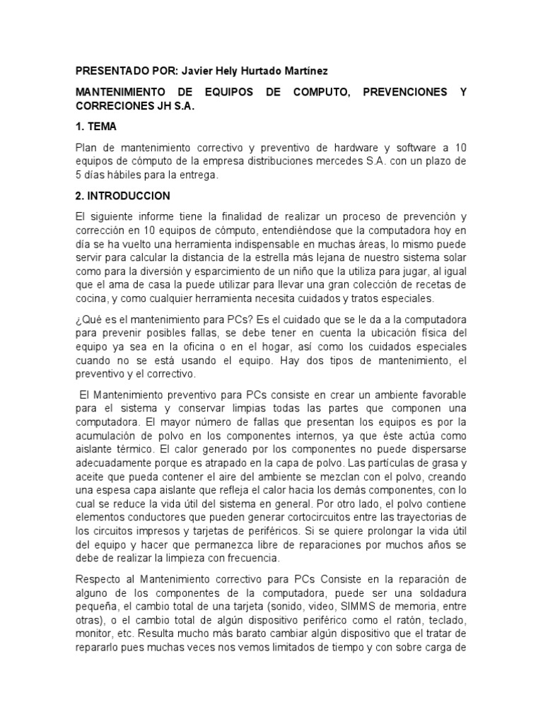 Informe Mantenimiento Equipos de Computo de Una Empresa | PDF ...