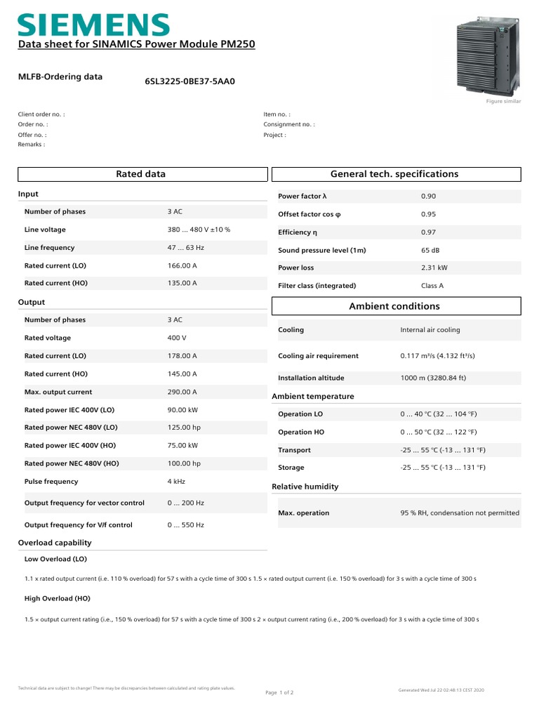Data Sheet For SINAMICS Power Module PM250: Rated Data General Tech ...