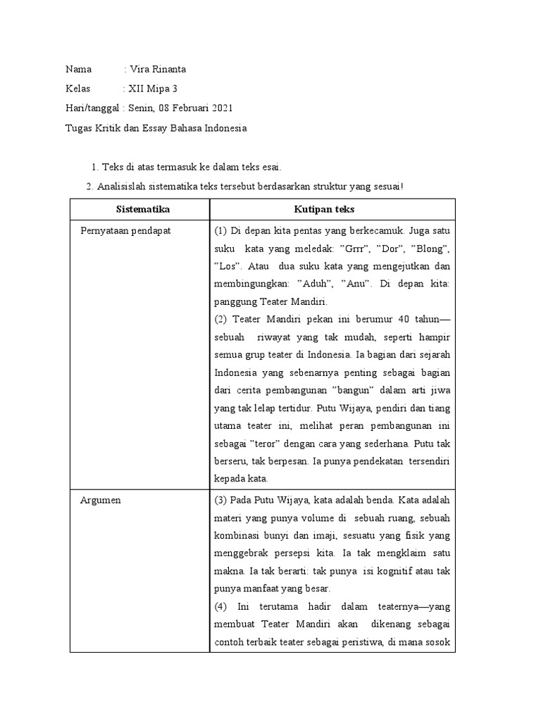 Tugas Kritik Dan Esai Vira Rinanta XII Mipa 3 | PDF