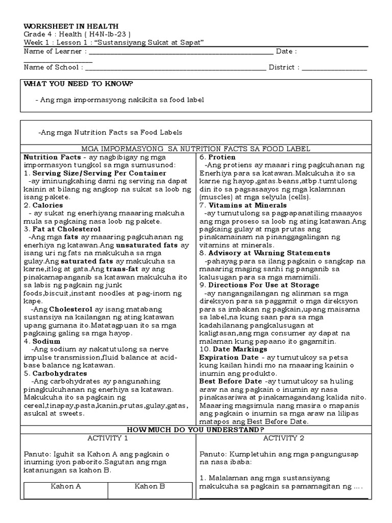 Worksheet in Health 4 | PDF