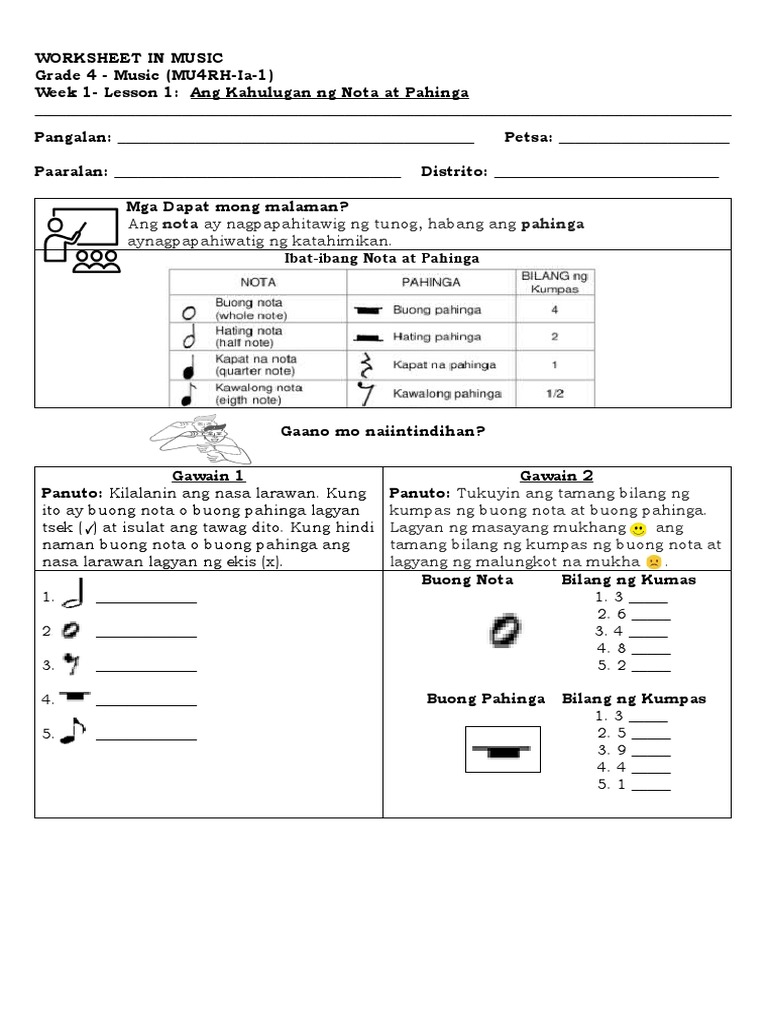 Worksheet in Music in Filipino | PDF