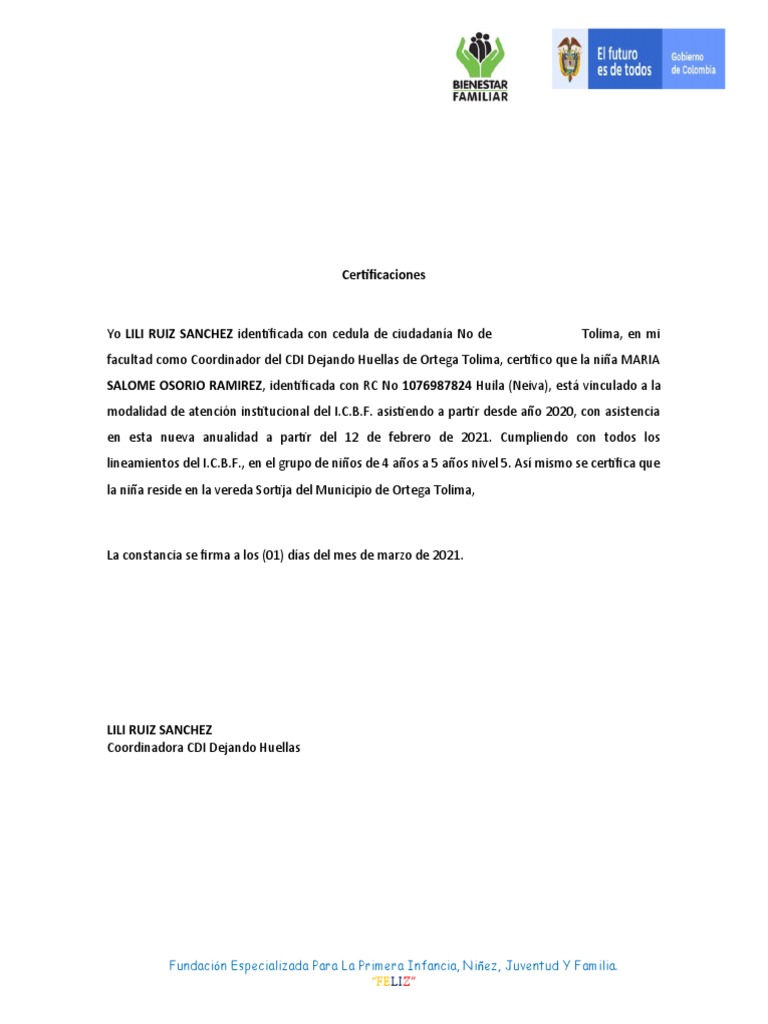 Certificado de vinculación a modalidad institucional del ICBF para niña de 4 a 5 años | PDF