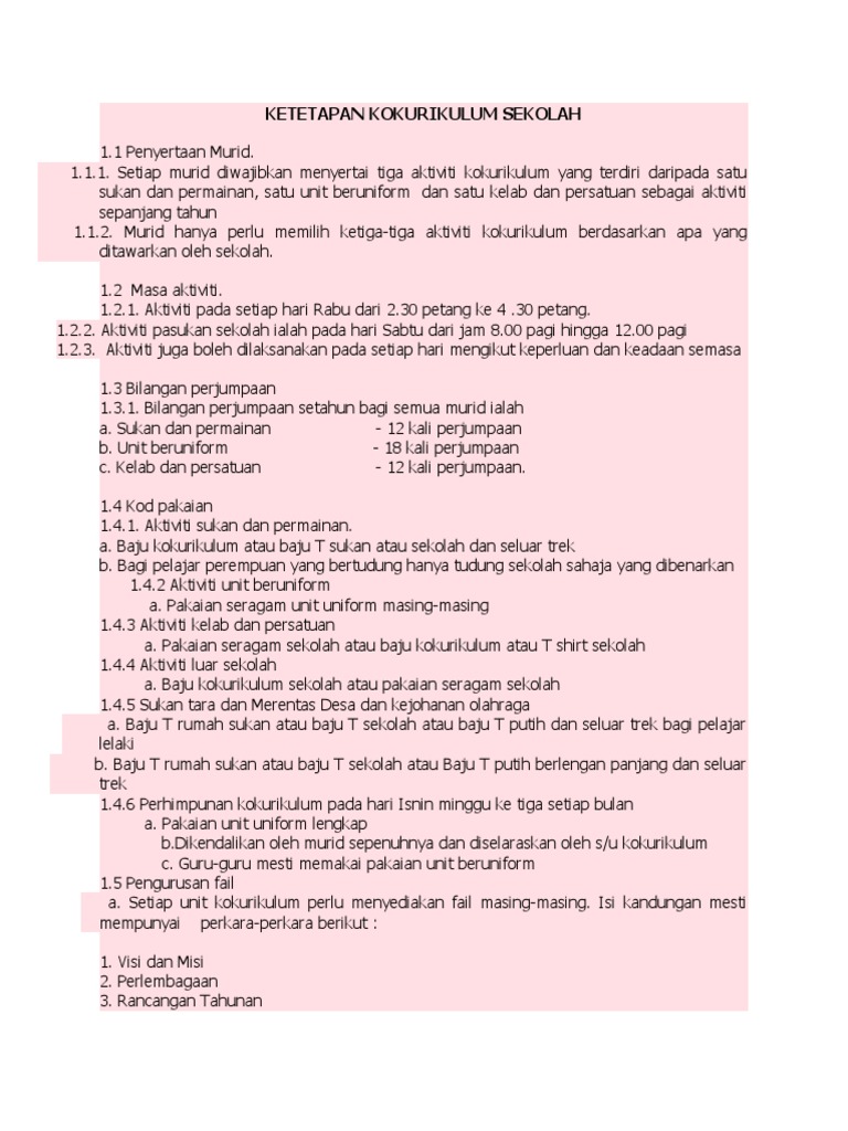Ketetapan Kokurikulum Sekolah | PDF