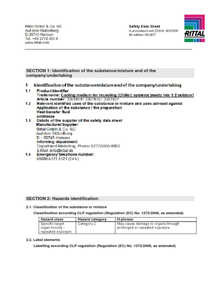 Rittal Safety Data Sheet Cooling Medium For Recooling (CH 5 2956 | PDF ...