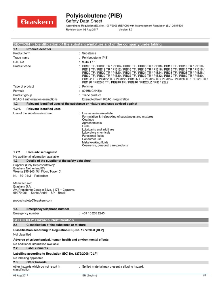 Polyisobutene (PIB) : Safety Data Sheet | PDF | Dangerous Goods ...