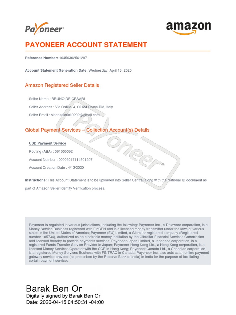 Payoneer Account Statement: Amazon Registered Seller Details | PDF