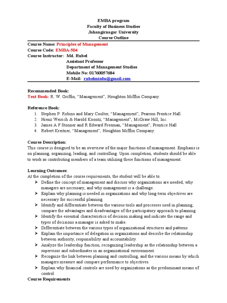 EMBA Principles of Management Course Outline | PDF | Test (Assessment ...