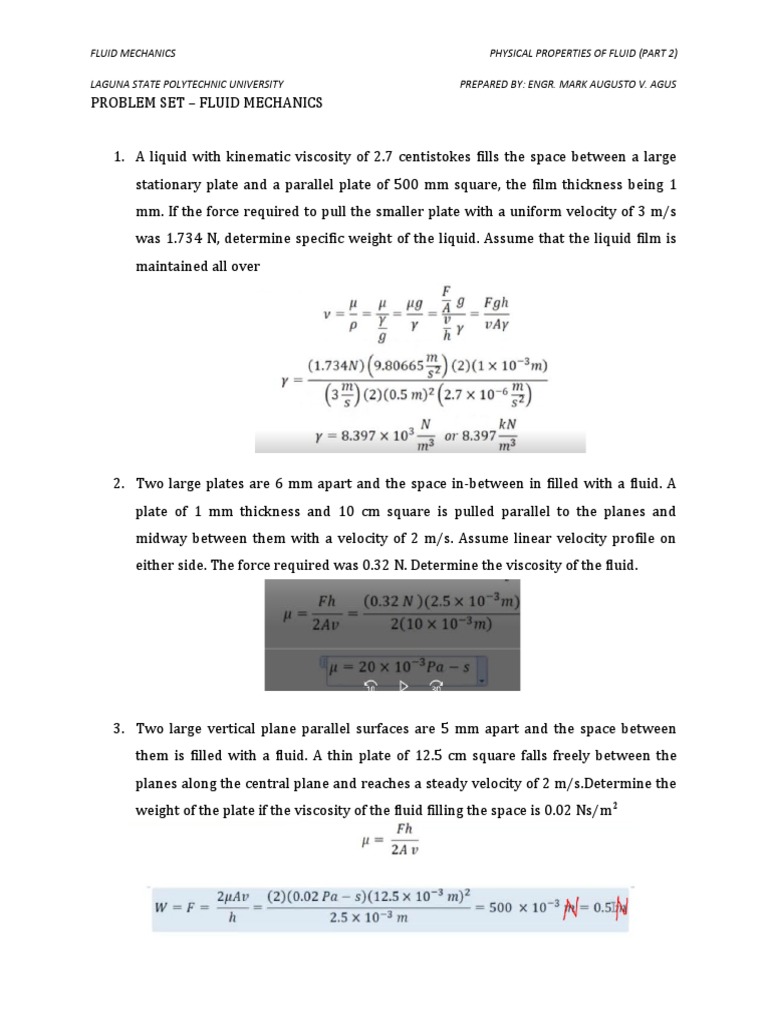 PROBLEM SET 2 FLUID MECHANICS Paste | PDF | Pressure | Viscosity
